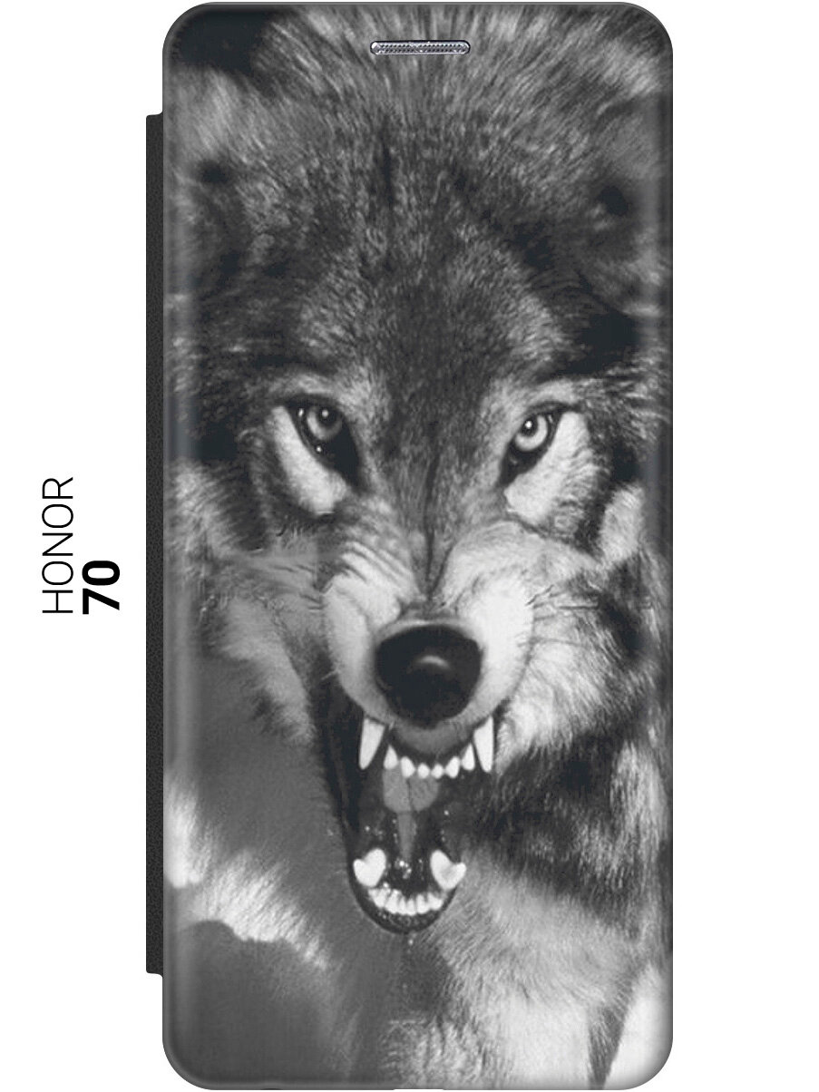 Чехол-книжка на Honor 70, Хонор 70 c принтом "Волчий оскал" черный