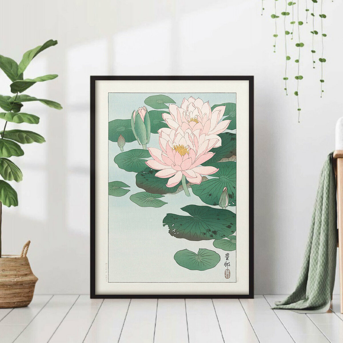 Постер " Лотос Охара Косон репродукция" 40x50 в черной рамке для интерьера на стену