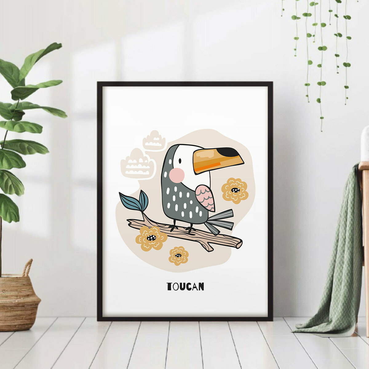 Постер "Птица тукан для детской" 50x70 в черной рамке для интерьера на стену