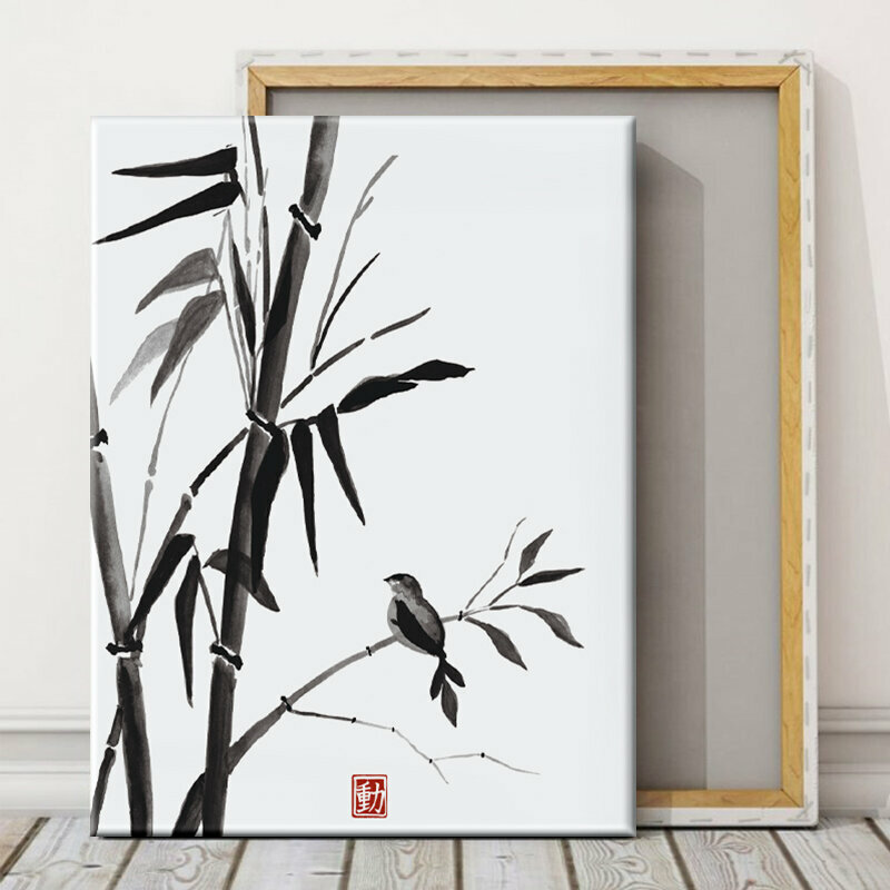 Картина на холсте 40х50 см "Птица на бамбуке тушью, японский стиль", на стену для интерьера