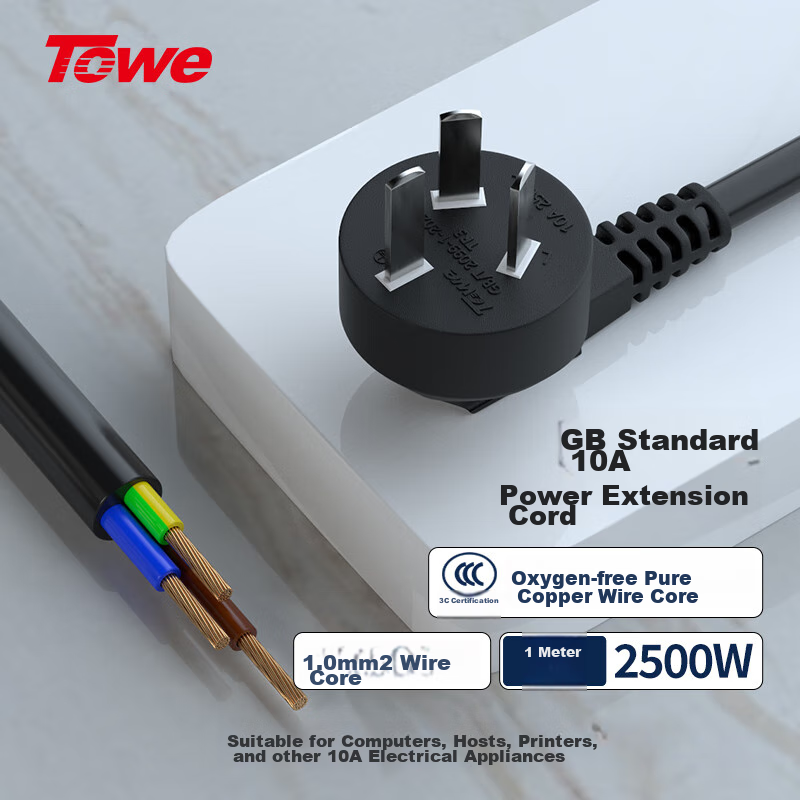 TOWE Three-Core National Standard 10A Self-Wiring Bare-End Plug with Power Cord, 1.0 Square Meter, 1 Meter Cable, TW-F 1M