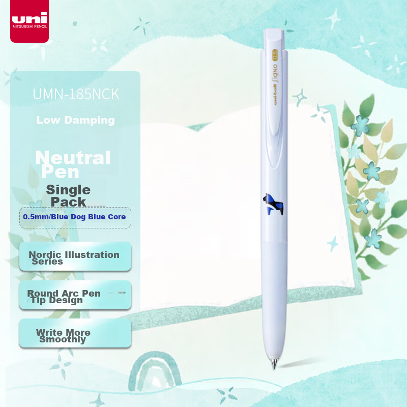 Mitsubishi (Uni) UMN-185NCK Gel Pen Nordic Illustration Limited Edition, Low-Damping Smooth Writing 0.5mm Student Exam Pen, Blue Dog Blue Ink, Single Pen