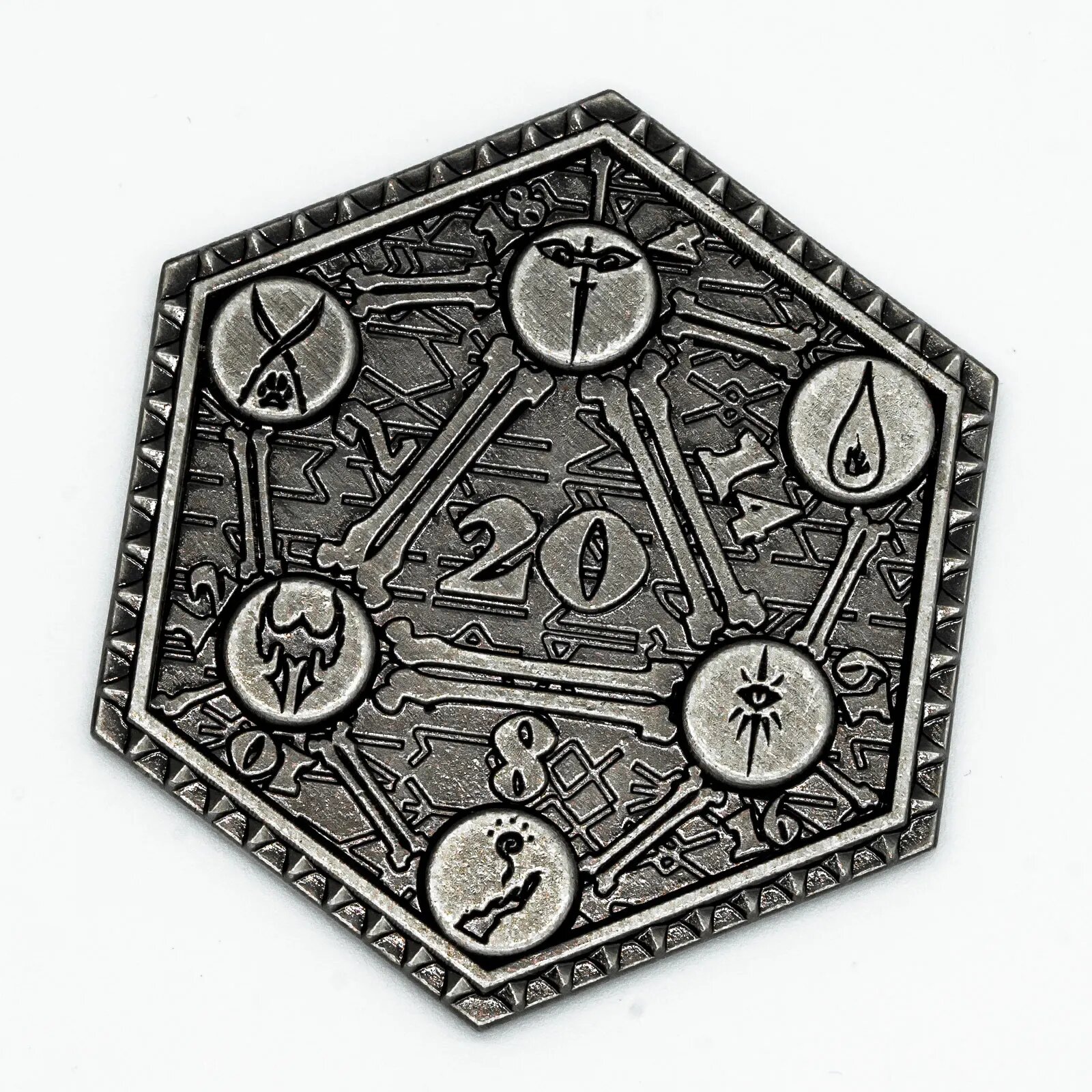 Металлическая D20 монета, 45 мм, Ancient silver