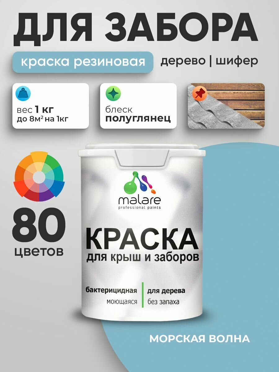 Резиновая краска Malare для деревянного забора/ по дереву для наружных и внутренних работ/ быстросохнущая моющаяся без запаха полуглянцевая, морская волна, 1 кг.