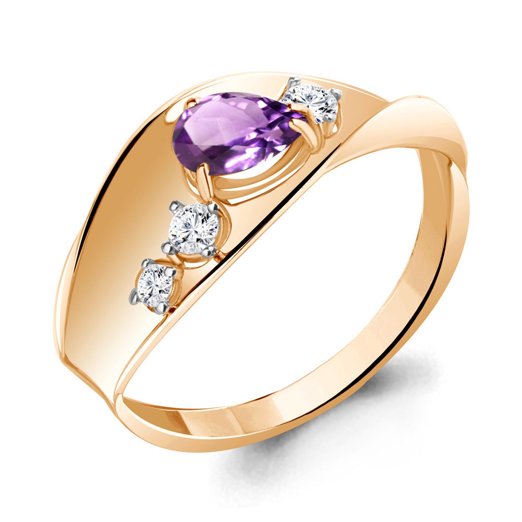 Кольцо, серебро, 925 проба, золочение, аметист, фианит