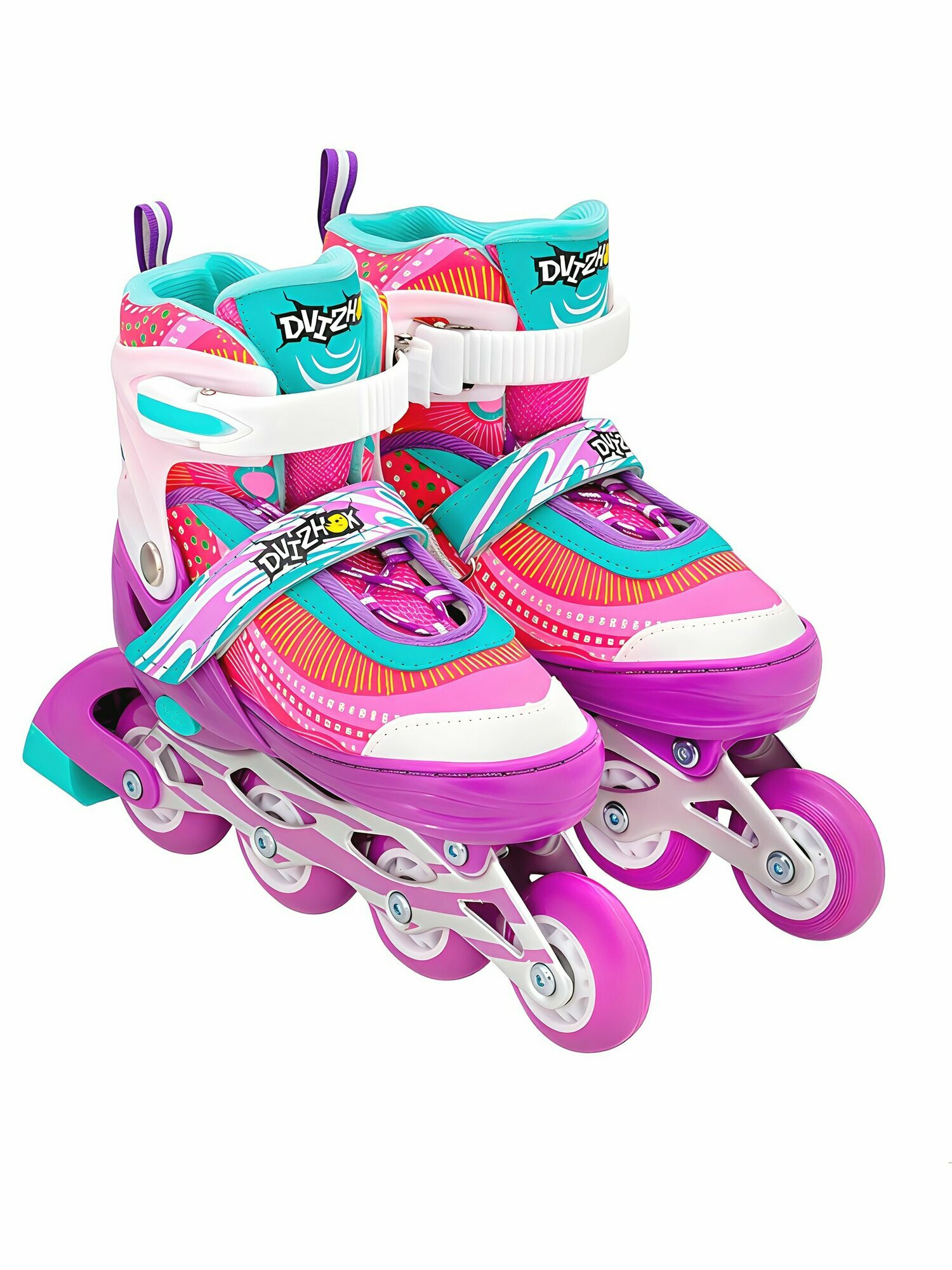 Роликовые коньки Dvizhok с подсветкой, детские раздвижные ролики, спортивный инвентарь для активного отдыха, размер M 34-37, пластиковые колеса PVC, цвет бело-фиолетовый