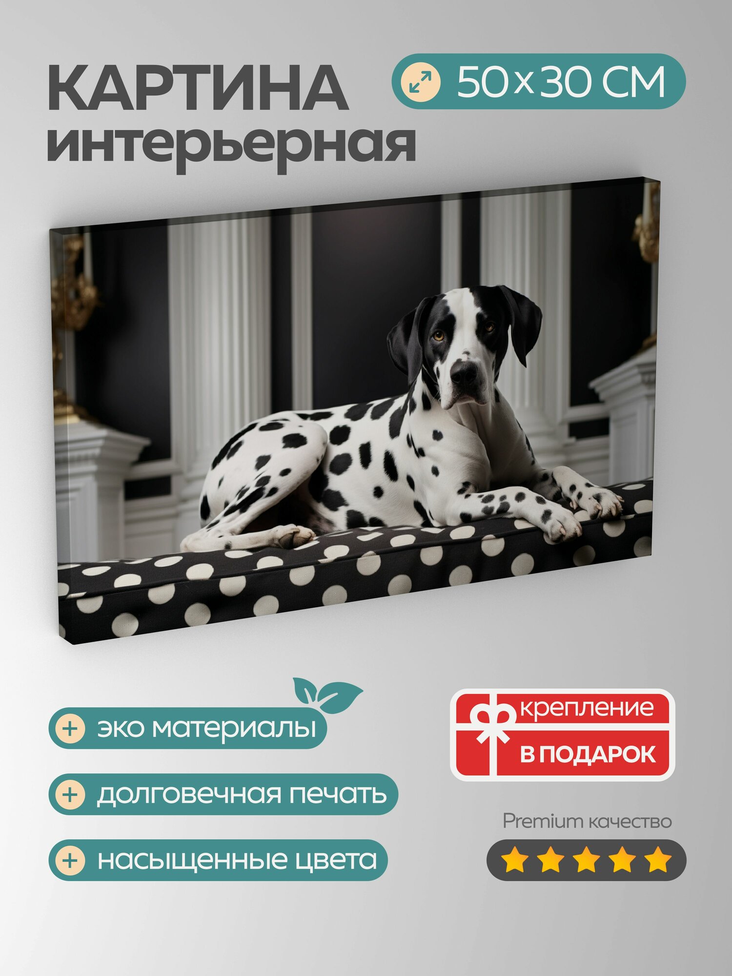 Картина на холсте интерьерная 50х30 см, черно-белая фотография, далматин, элегантность, красота, комната, мебель, линии