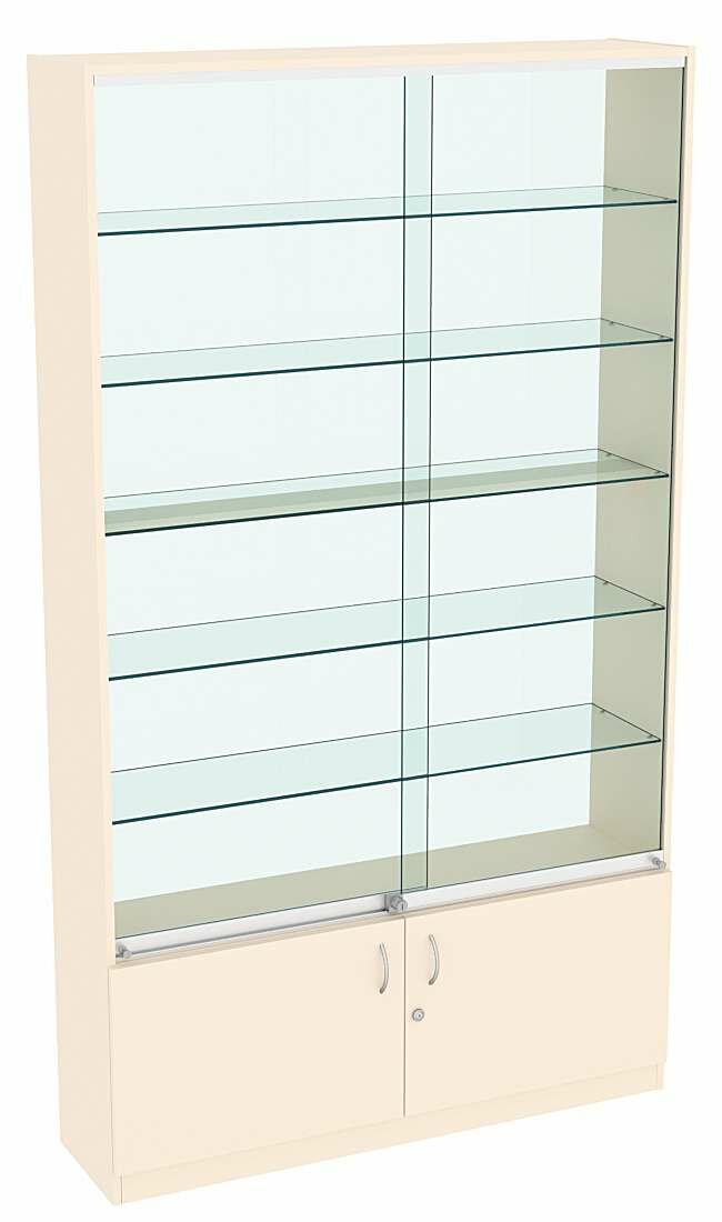 Витрина сэсп-z №1-1-300 (З/C - Стекло) со стеклянными полками и шторками, Крем Вайс