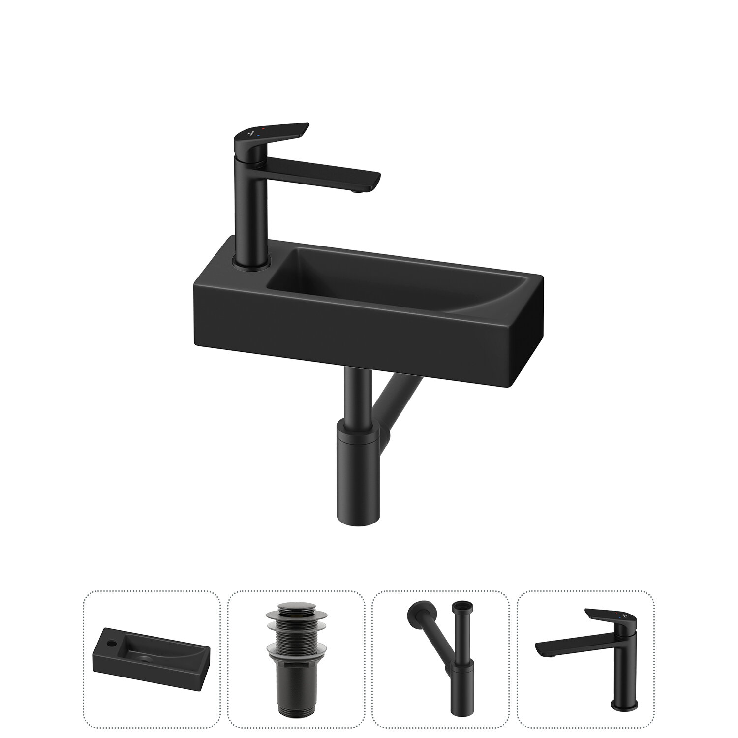 Подвесная или накладная раковина в ванную комнату Lavinia Boho Bathroom Sink 20215932R в наборе 4 в 1: раковина 38 см в цвете матовый черный, донный клапан, сифон, смеситель