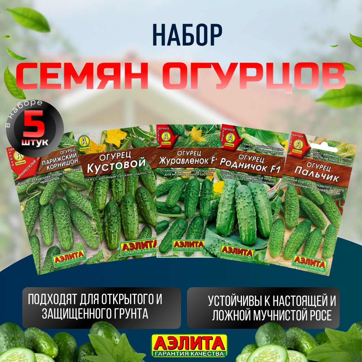 Набор семян огурцов 5 штук: Парижский корнишон, Журавлёнок, Родничок, Пальчик, Кустовой