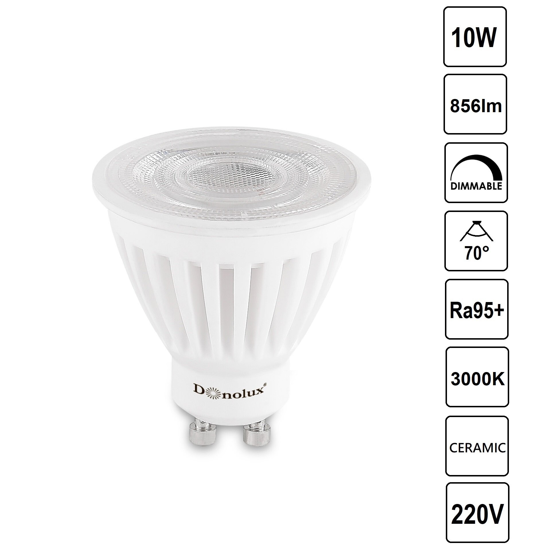 Светодиодная лампа MR16 GU10 10Вт 220В 3000K 856Лм Ra95 70° D50хH53мм Dim Triac, корпус сделан из керамики, Donolux