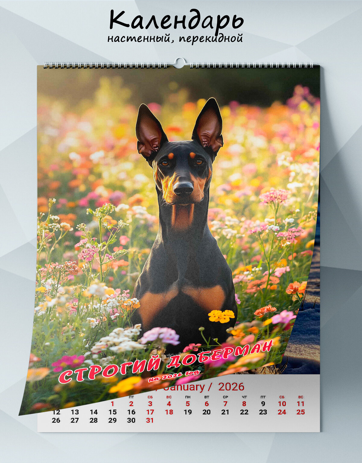 Календарь настенный, перекидной Строгий доберман на 2026 год