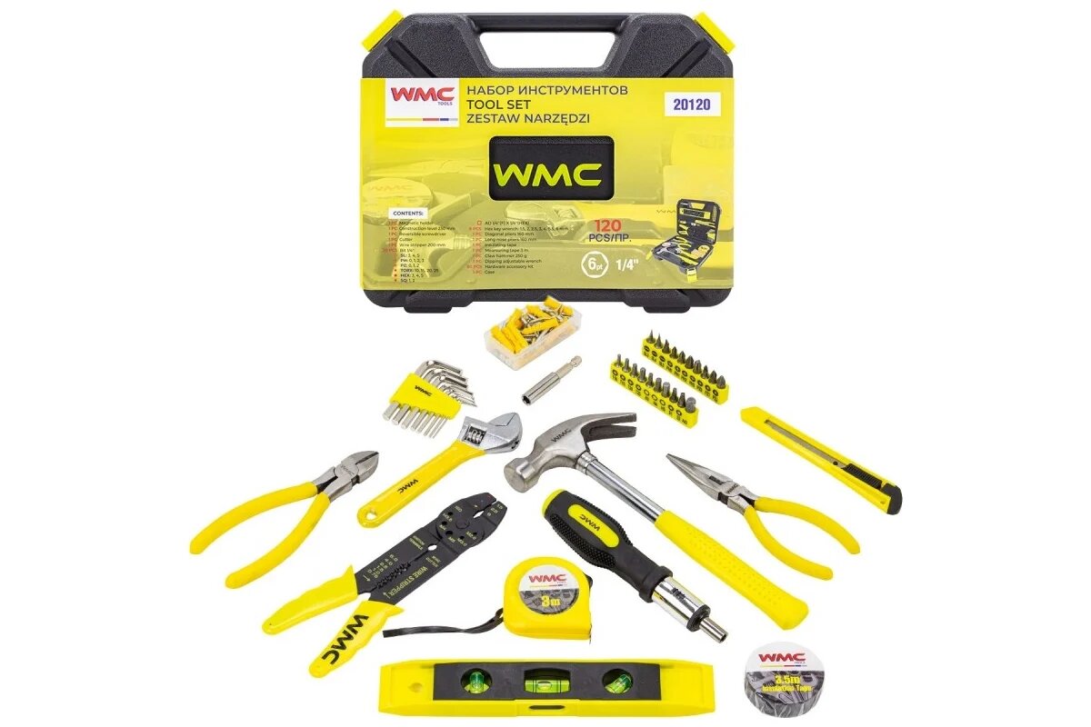 Набор инструментов WMC TOOLS WMC-20120, 120 шт, с кейсом, с уровнем, изолентой, рулеткой