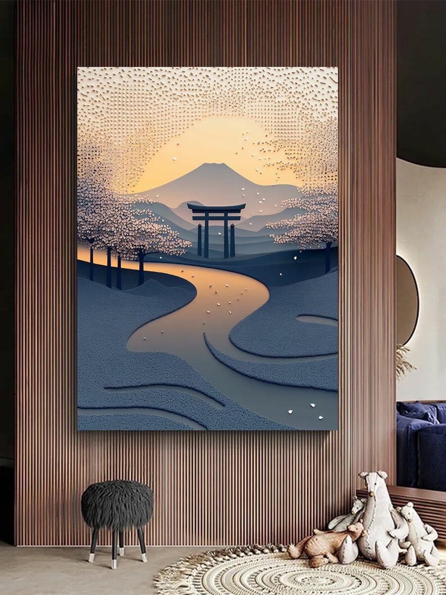 Картина интерьерная на стену - "Пейзаж в японском стиле / гора Фудзи и сакура" , 60х80 см.