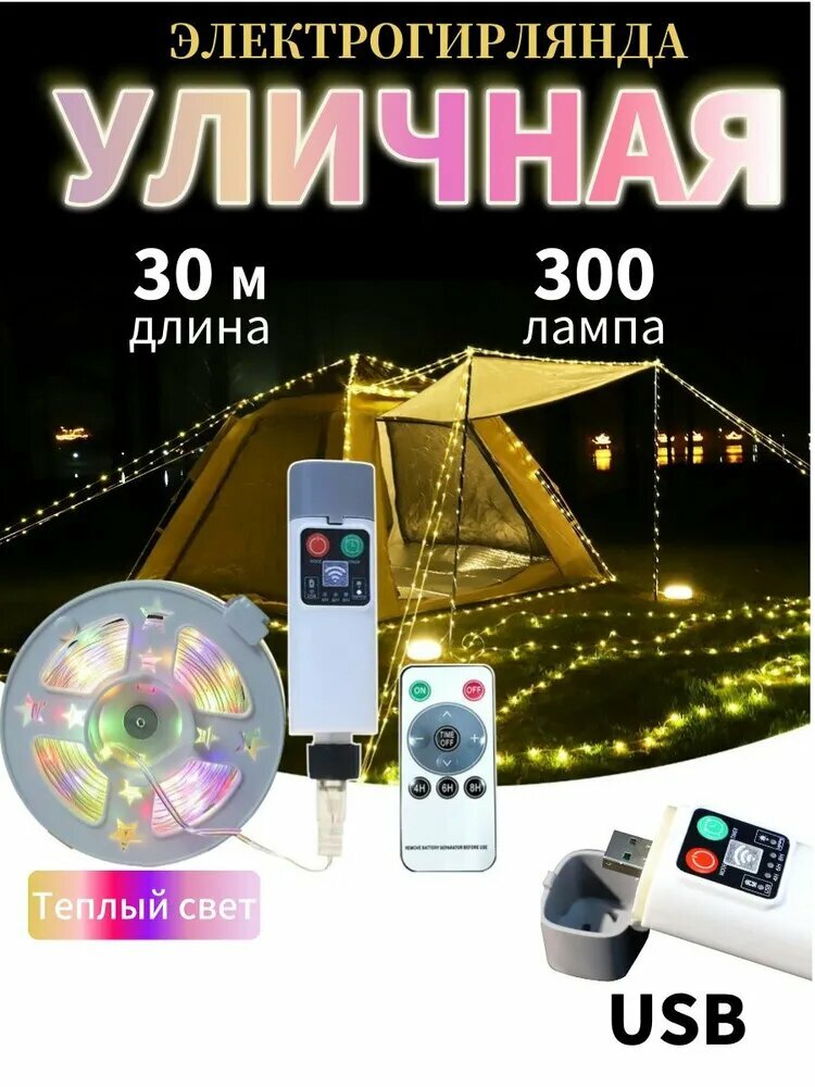 Электрогирлянда уличная Нить, 30 м, питание От порта USB, 1 шт