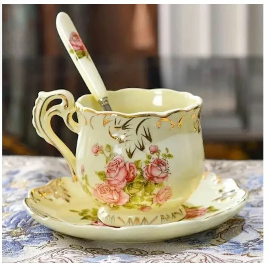 Чайная пара из костяного фарфора 3 предмета Винтажная для чая и кофе-wanghaoxiang