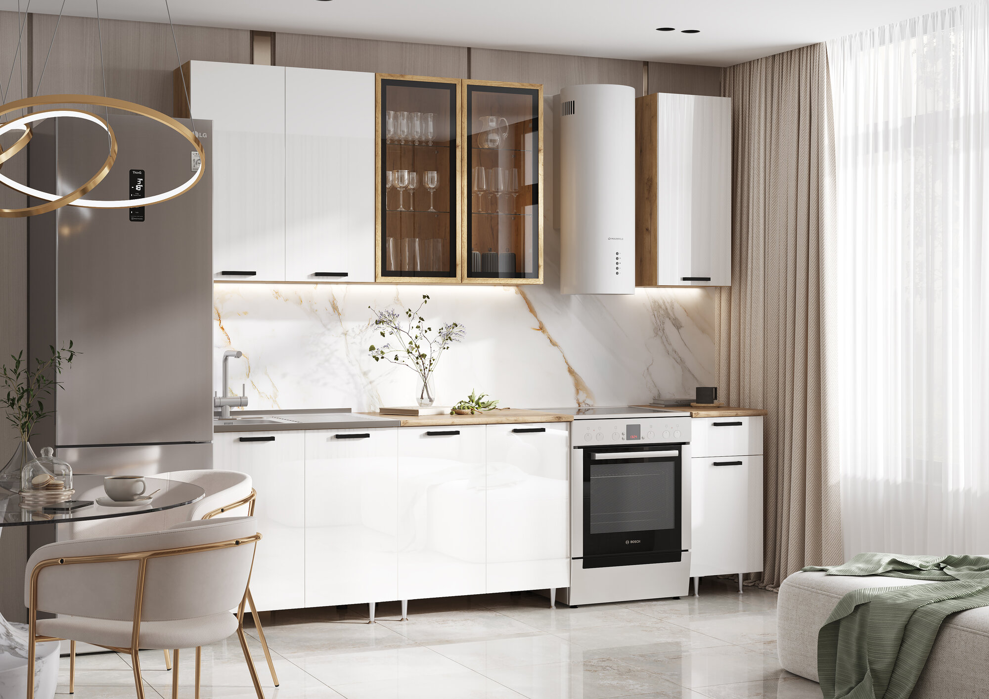 Кухня прямая Рио NEW 2,0/900м (490) Комп. №1 ЛДСП Белый глянец/Дуб Крафт столешница Вотан