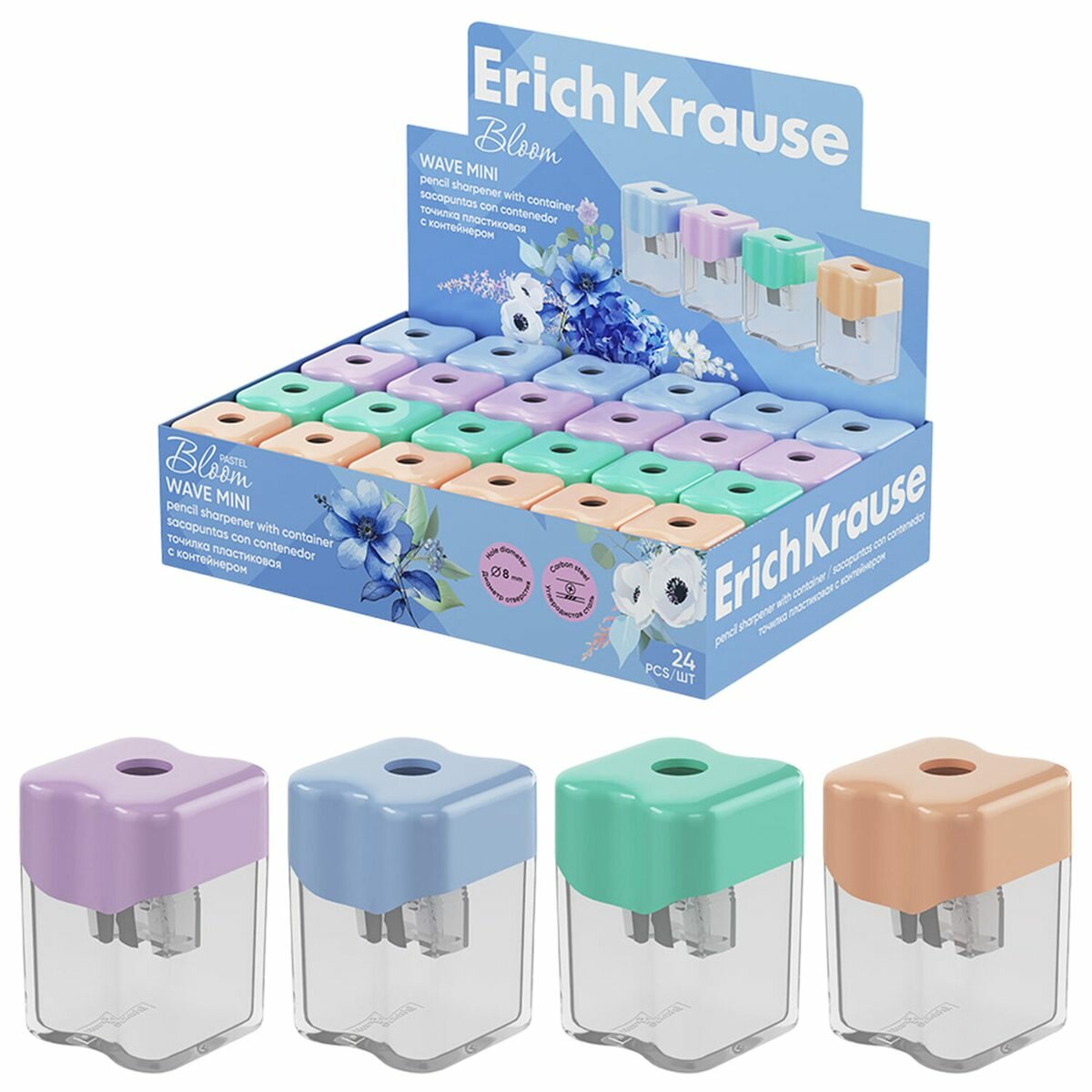 Точилка ручная пластиковая Erich Krause Wave Mini Pastel Bloom (1 отверстие, с контейнером) (60044), 24шт.