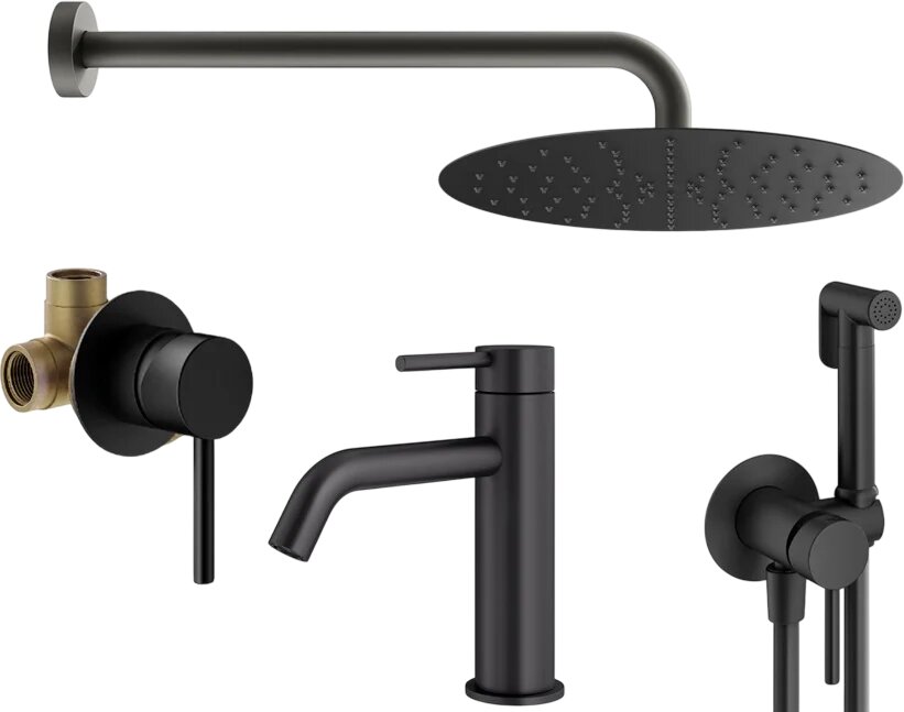 Комплект для ванной Plumberia Selection Ixo KITZXO01NO53 4 в 1, встраиваемый, с внутренней частью в комплекте, со смесителем, с тропическим душем, латунный, черный, матовый, душевая система