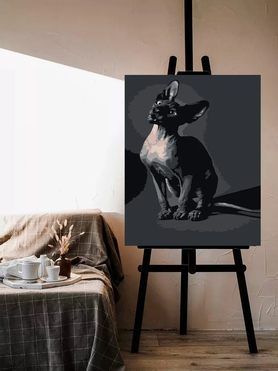 Картина по номерам Черный Канадский Сфинкс Кот Животное