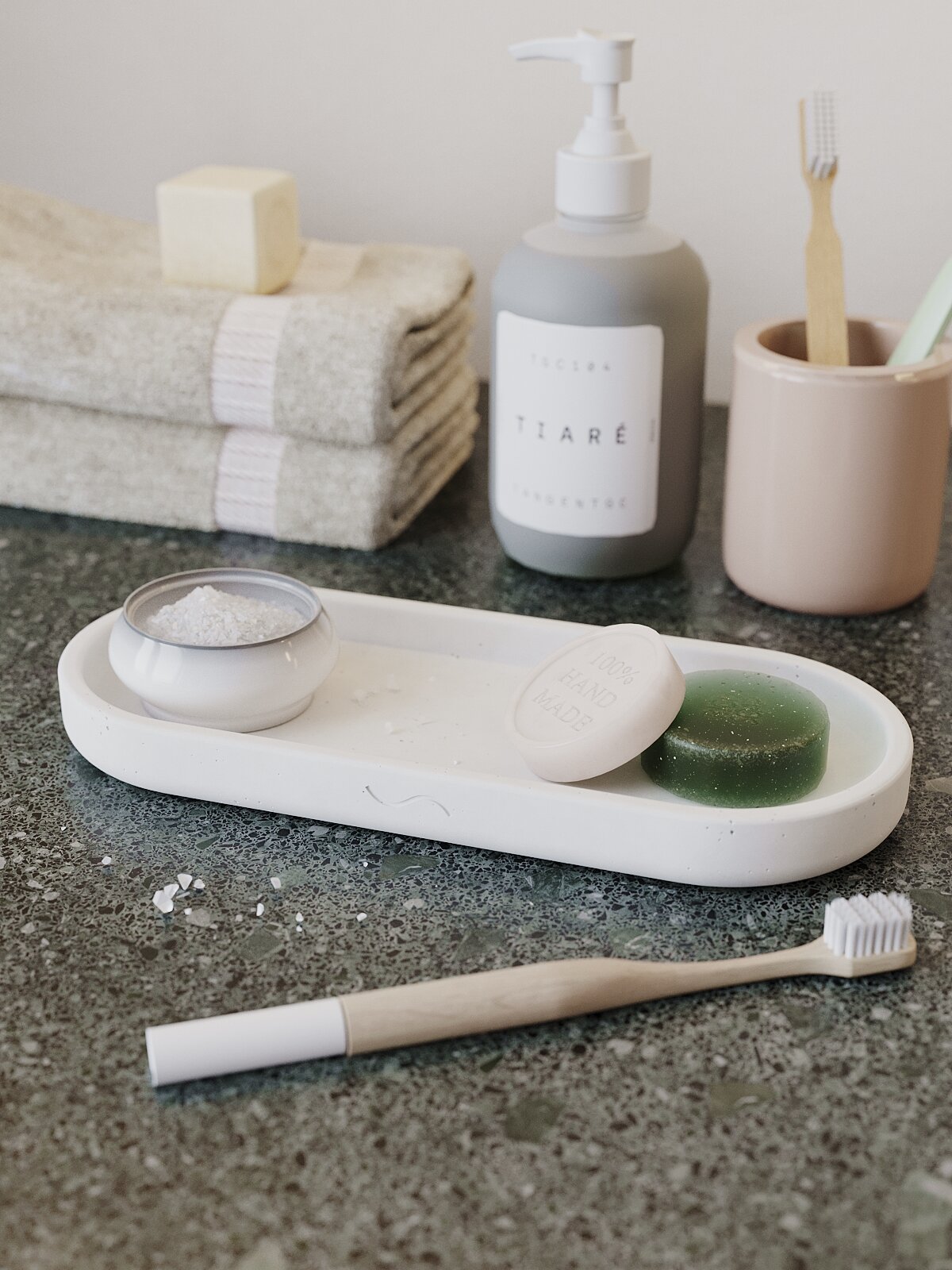 Декоративный поднос для ванной, подставка для косметики Astrid S, 26x11см, бетон, белый матовый