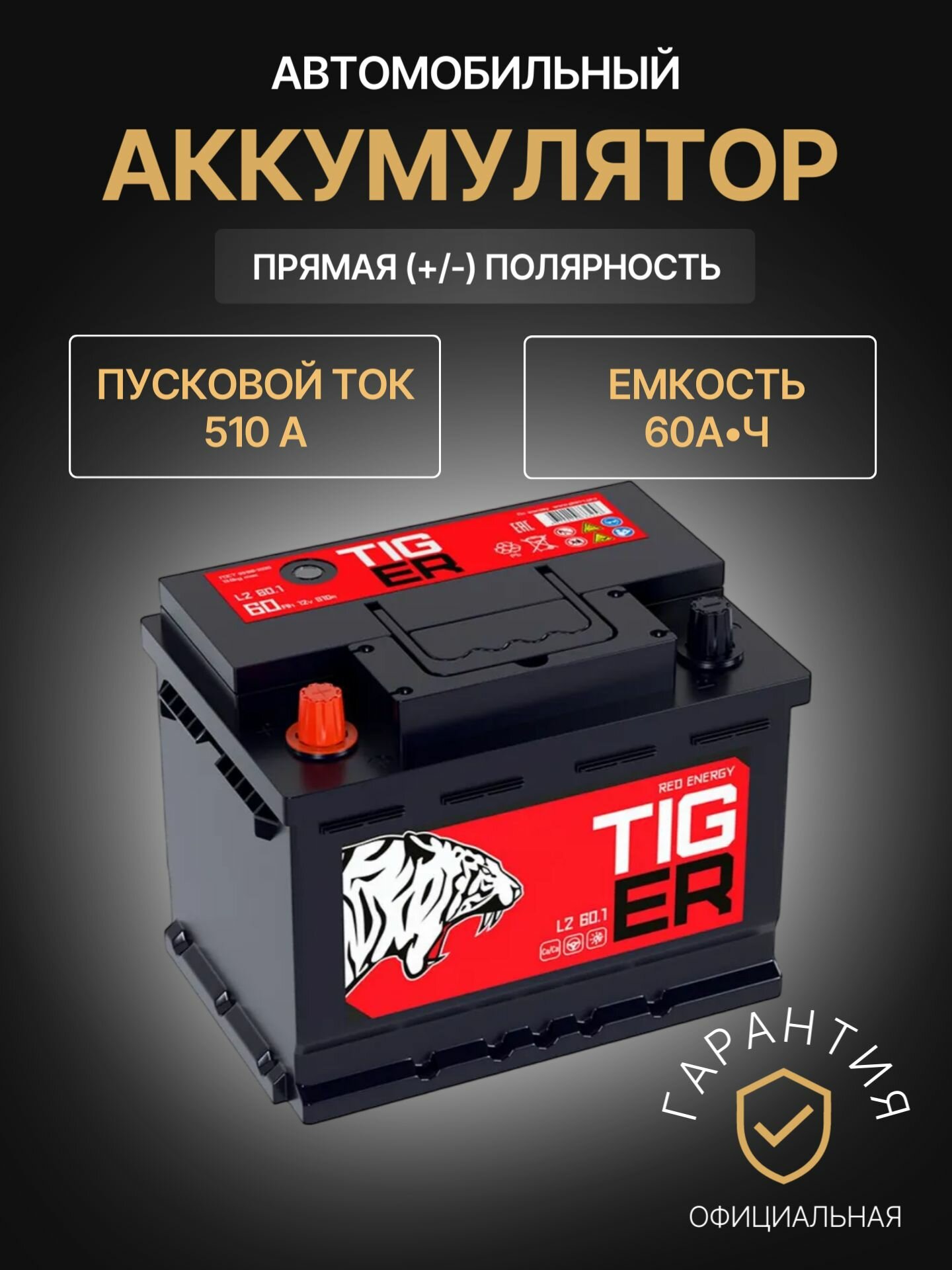 Аккумулятор автомобильный TIGER Red Energy 12В 60Ач 510А, Прямая полярность