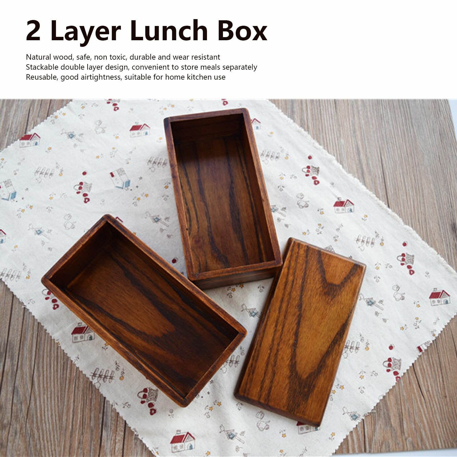 Прямоугольный штабелируемый 2-слойный ланч-бокс из натурального дерева, коробка для бенто, контейнер для еды для суши, кухонная посуда