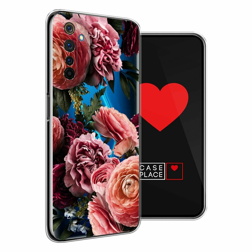 Чехол на Realme 6 Pro / Реалми 6 Про с принтом "Бордовые винтажные цветы", прозрачный — фото 1
