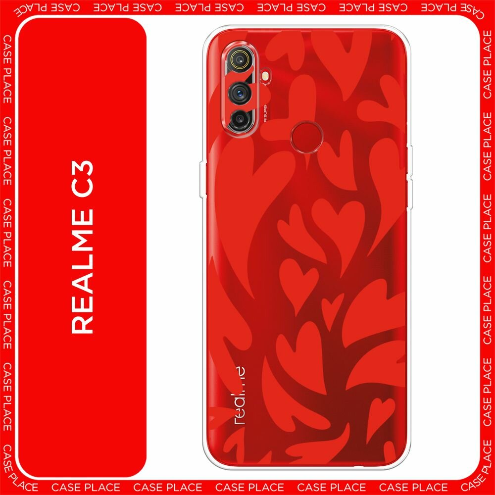 Чехол на Realme C3 / Реалми C3 с принтом "Crazy hearts 2 - 14 февраля", прозрачный