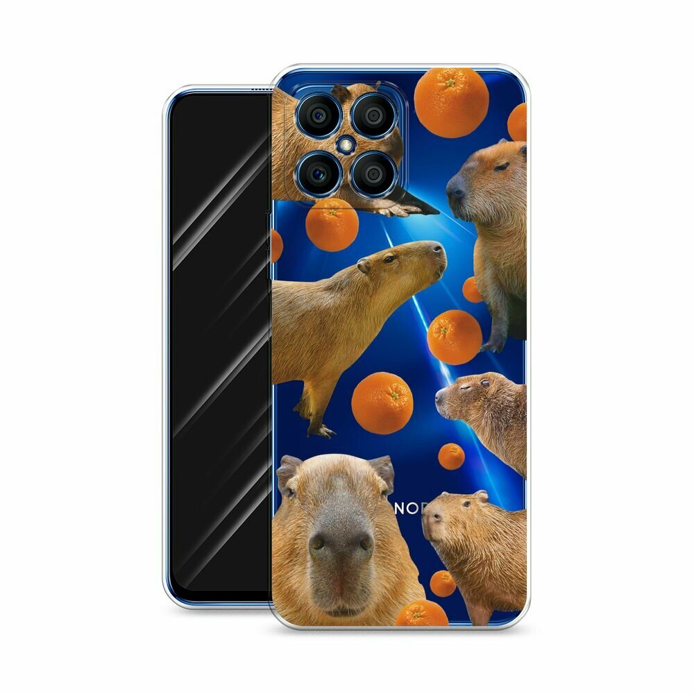 Чехол на Honor X8 / Хуавей X8 с принтом "Капибара и апельсины", прозрачный — фото 1
