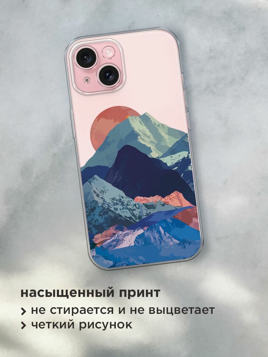 Чехол на Apple iPhone 15 / Айфон 15 с принтом "Закат в снежных горах", прозрачный — фото 1