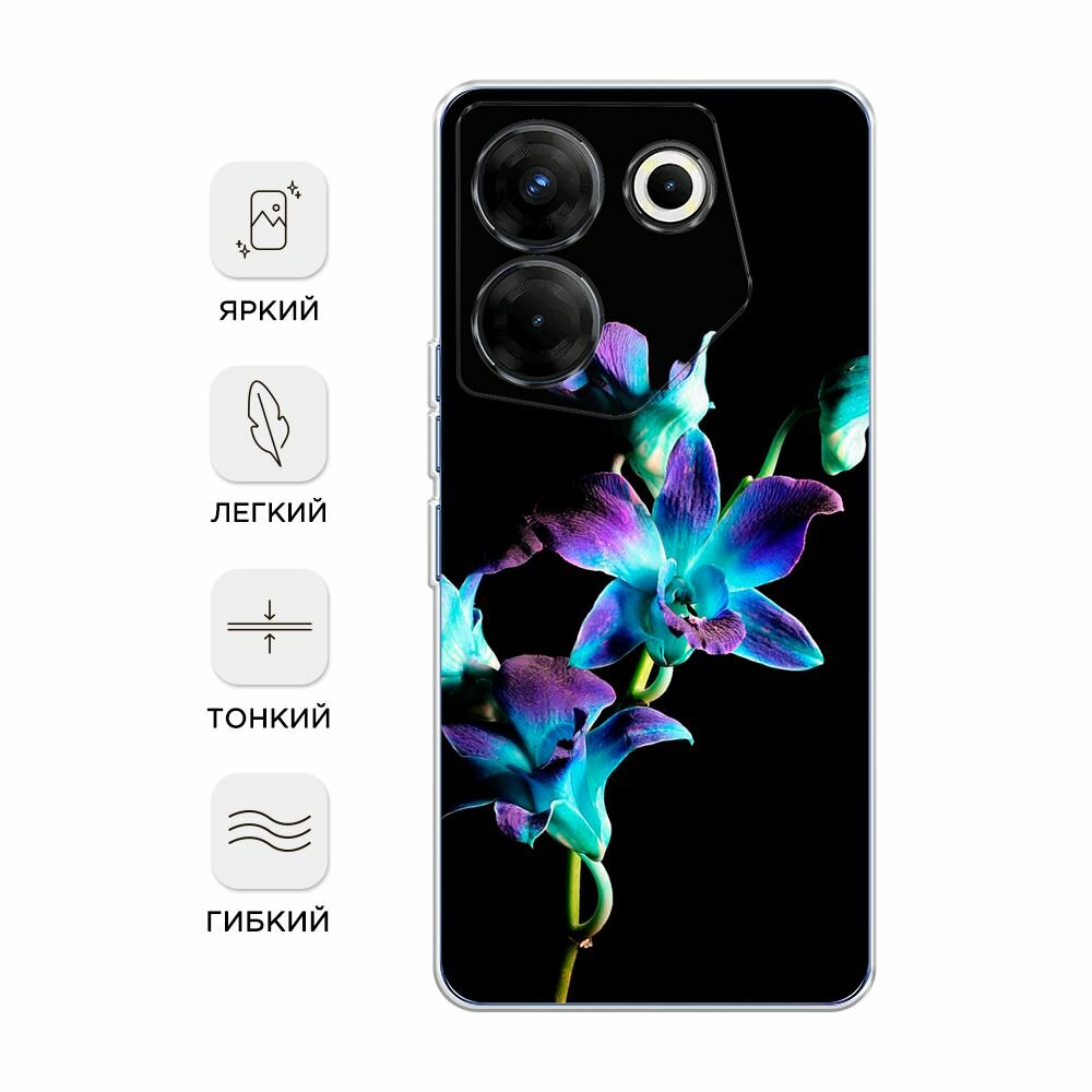 Чехол на Tecno Camon 20 Pro 5G / Текно Камон 20 Про 5G с принтом "Синий цветок на черном" — фото 1