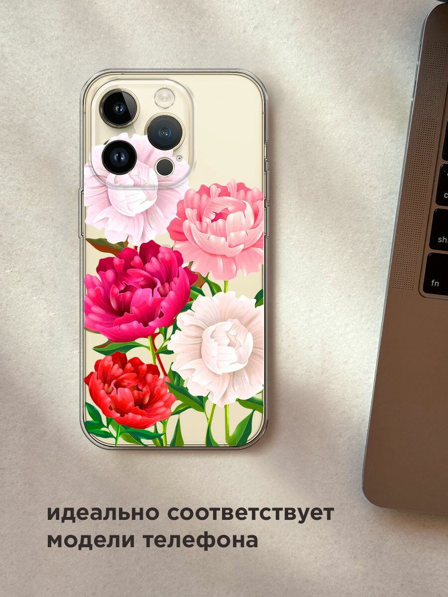 Чехол на Apple iPhone 14 Pro / Айфон 14 Про с принтом "Большие пионы", прозрачный — фото 1