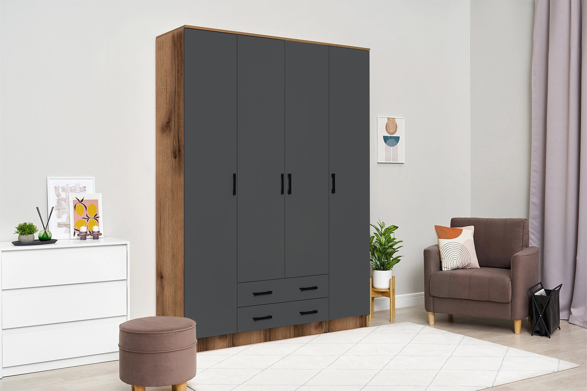 Шкаф для одежды Нонтон Квадро, 160x48x220 см, 2 ящика, дуб делано / графит