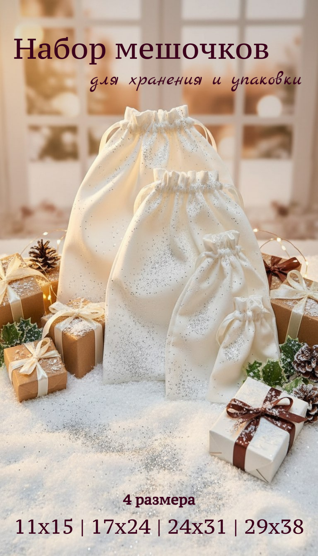 Набор мешочков для хранения и упаковки из роскошной ткани, 4 шт