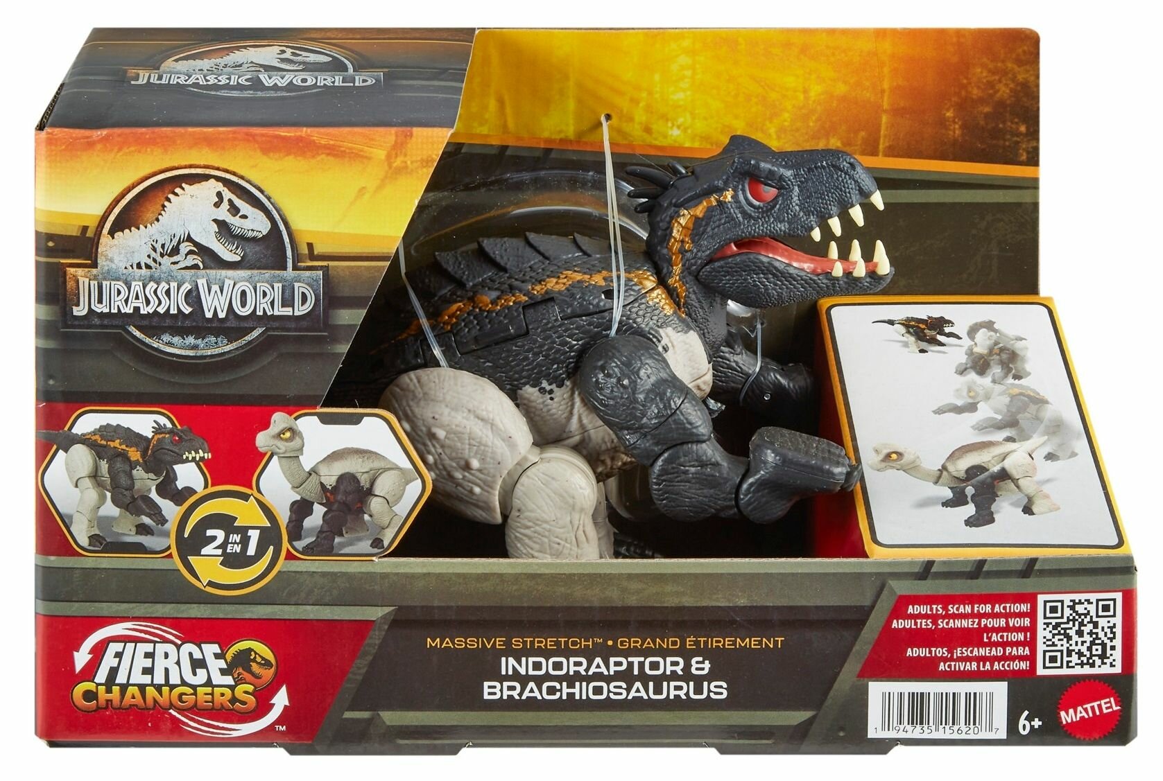 Фигурка Динозавра Mattel Jurassic World Fierce Changers - Игрушечный динозавр Трансформация 2 в 1 Индораптор - Брахиозавр - Мир Юрского периода HPD35