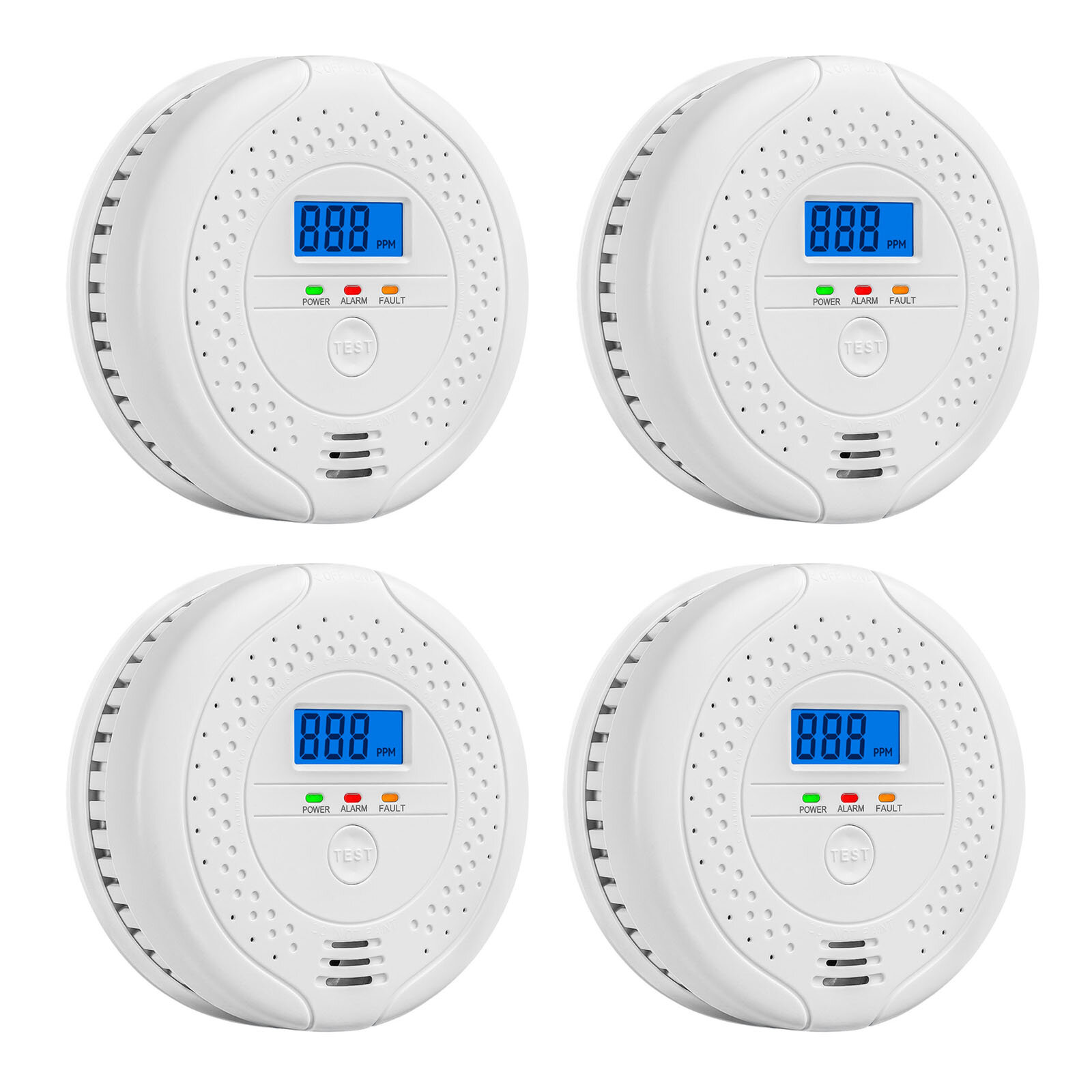 Carbon Monoxide Clock CO Sensor UL2034 Sensor Set of Four, 4.5V DC, 3 × 1.5V AAA Battery, ABS5 Shell, 105.00×105.00×33.00 mm, Digital, Sound Visual Bell, Battery-Operated, Portable, Home Storage