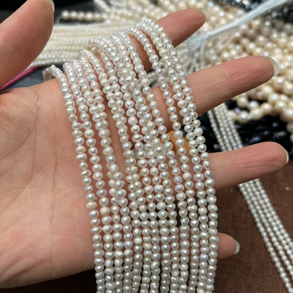 Мелкий натуральный жемчуг на нити, круглые бусины 3-4 мм, для колье и браслетов