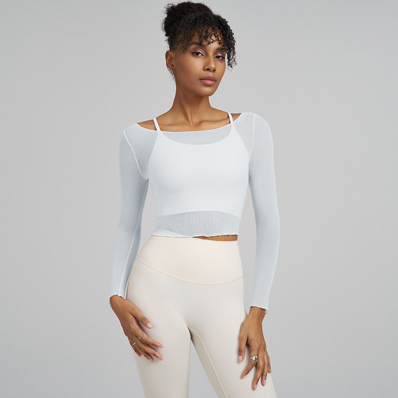 Спортивная одежда Wharton Yoga Wear, длинный рукав, женская, имитация двух предметов, осенний сетчатый спортивный топ, пилатес, тренировка, быстросохнущий, фитнес-накидка