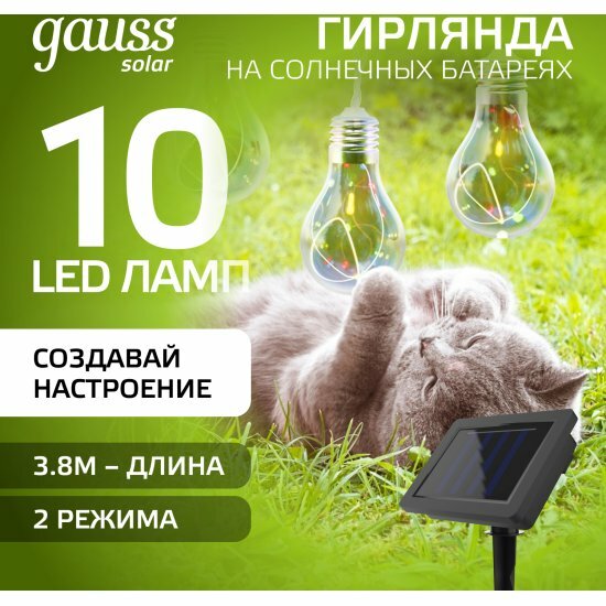 Гирлянда садовая на солнечной батарее Gauss 10 LED ламп Большие Шары, мультицвет 1/12