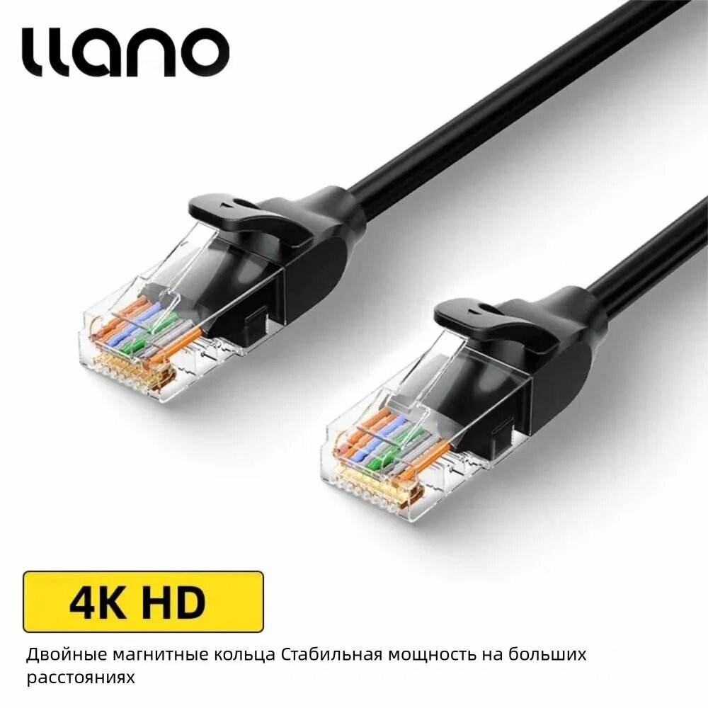 LLANO Кабель для интернет-соединения RJ-45, 8 м, черный матовый