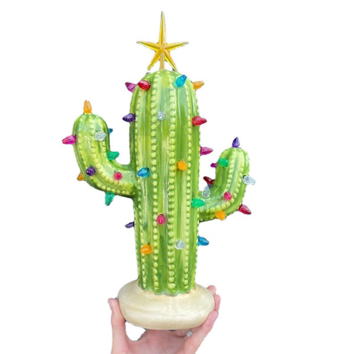 Vintage Christmas Luminous Cactus, Ceramic Cactus Christmas Tree, Lighted Cactus Christmas Tree, Lighted Resin Ceramic Christmas Tree, Christmas Tree Cactus Ornaments, Cactus Gifts (Green)