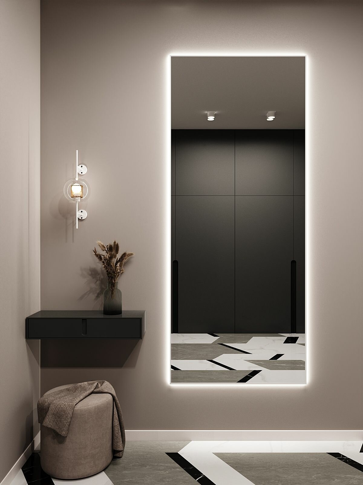 Зеркало настенное 210х80 см. белое с подсветкой. Свет: Холодный белый 6000К. В алюминиевой раме интерьерное BLX MIRROR