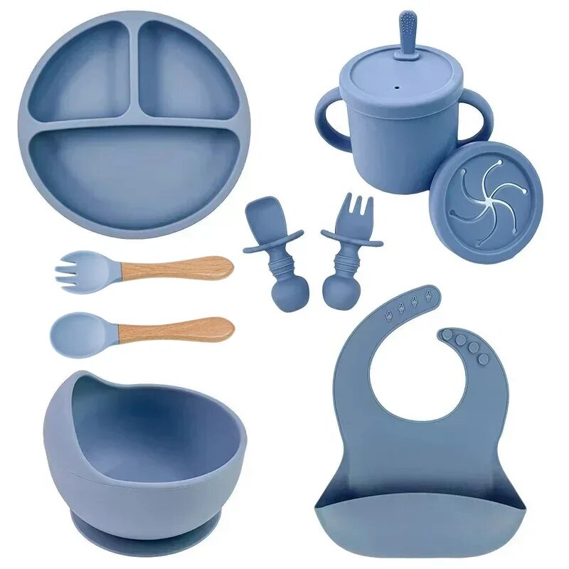 Детская силиконовая посуда 9 предметов Синий, Blue 9PCS Set