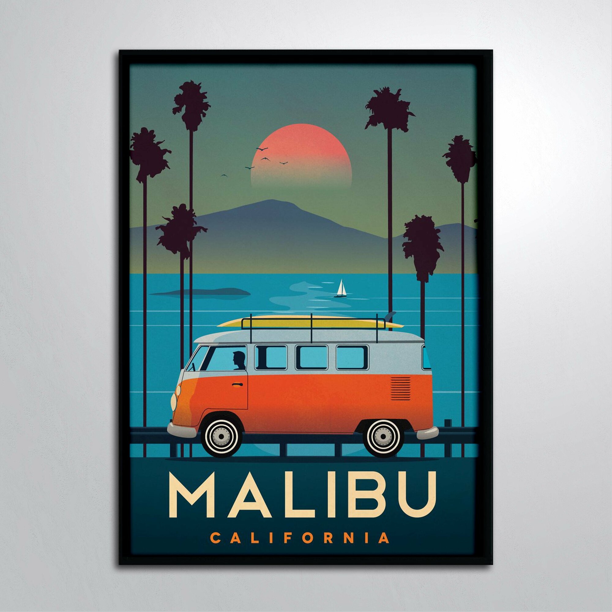 Постер в раме/Постер для интерьера/Винтажный Плакат Малибу Калифорния Фургон Malibu California