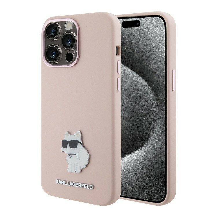 Karl Lagerfeld силиконовый чехол для iPhone 15 Pro Max, NFT Choupette метал. вставка, розовый