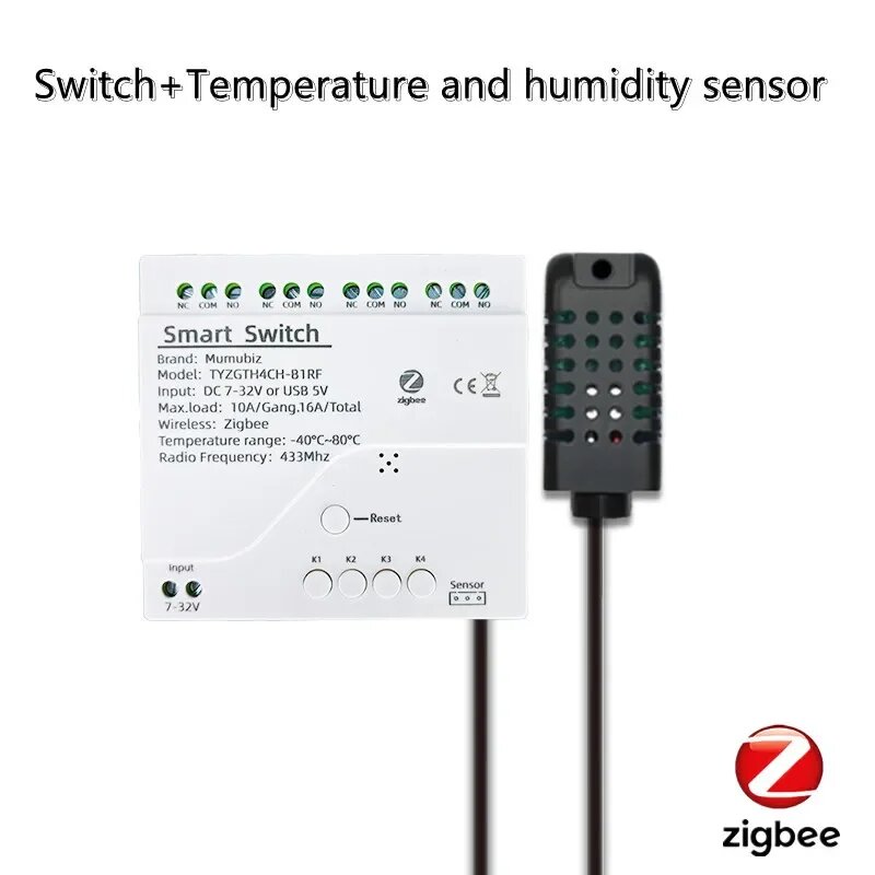 Mumubiz Zigbee Smart Switch 4-Gang с датчиком температуры и влажности, 85-250V