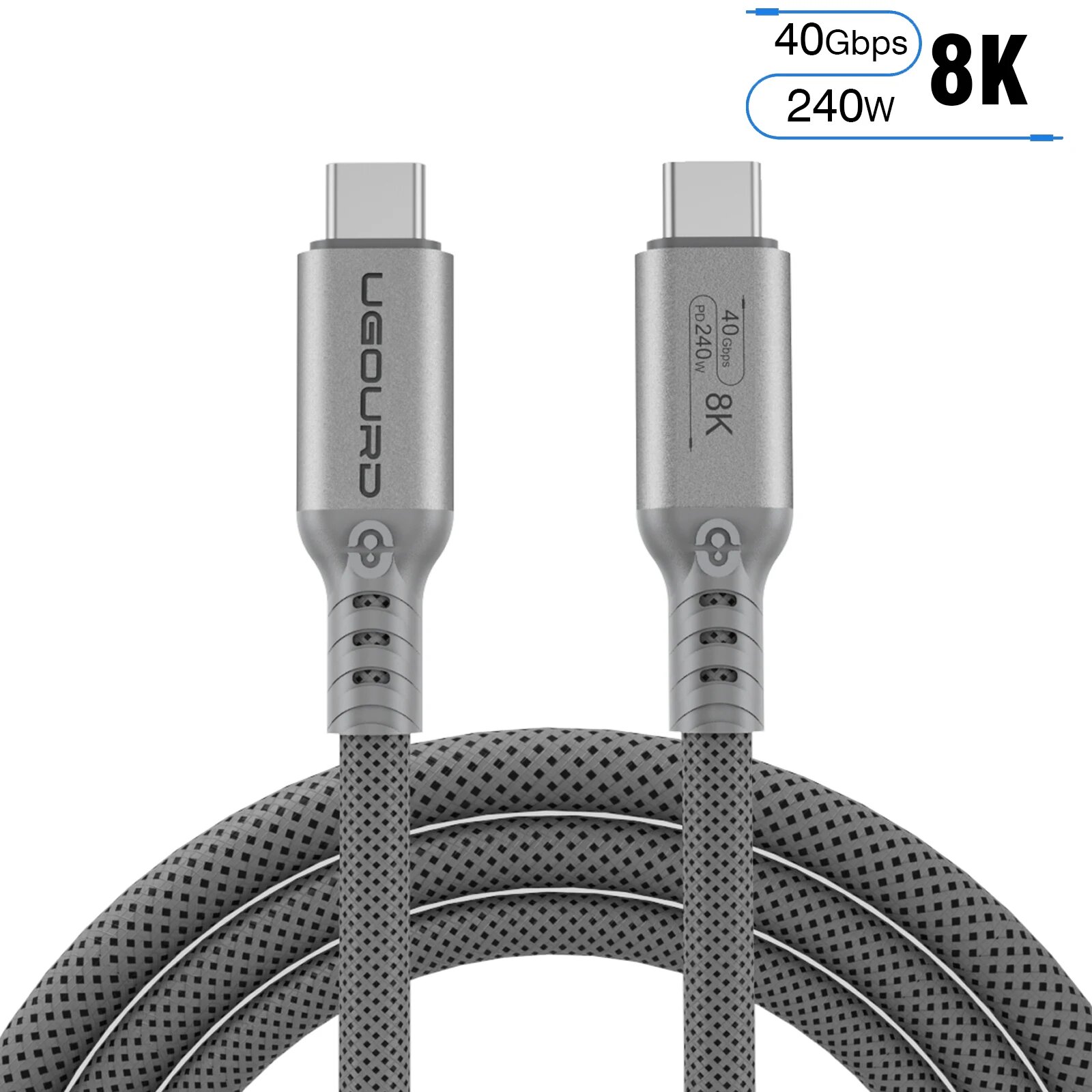 UGOURD USB 4 Thunderbolt 4 кабель 40 Гбит/с 240 Вт 2 м, TB4 40G240W8K Grey