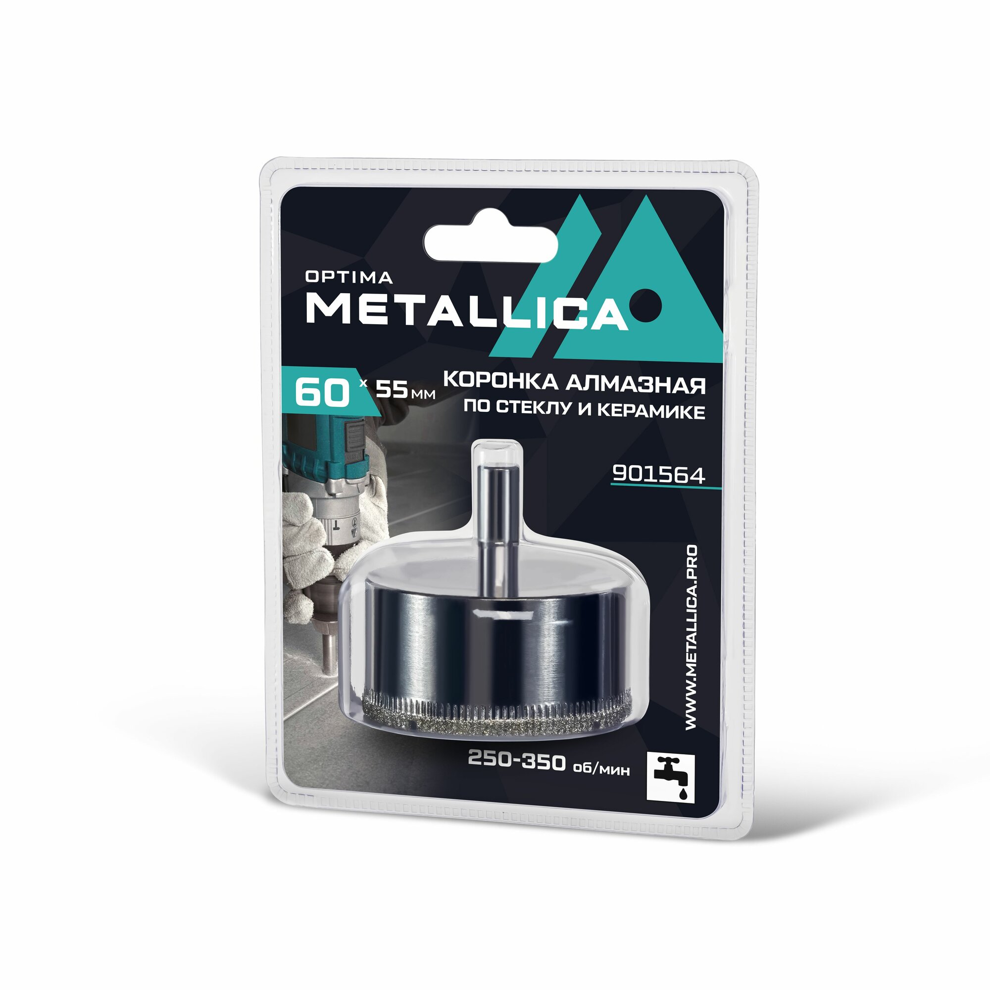 Коронка алмазная METALLICA Optima 60x55 мм, #80, по стеклу, плитке, 1 шт, в блистере.