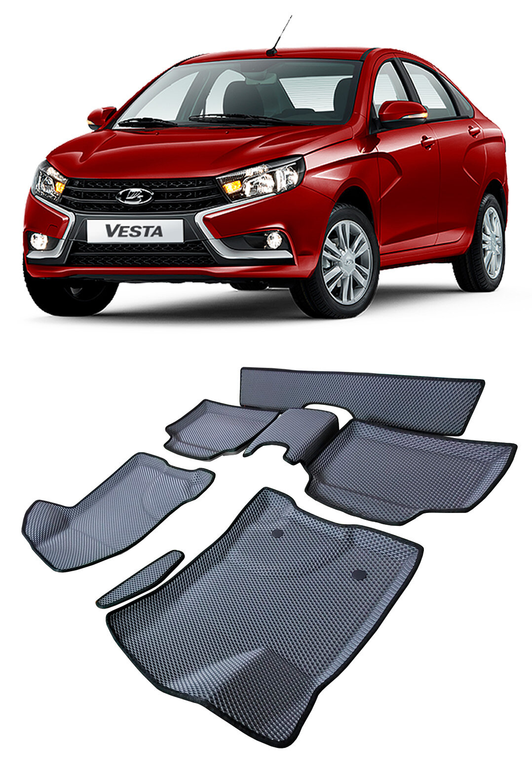 Ева коврики в салон с перемычкой и ковриком под диван второго ряда Lada Vesta пресс борта 2015 -/ Ева ЭВА ромб/ цвет Черный c черной окантовкой / EVA Smart